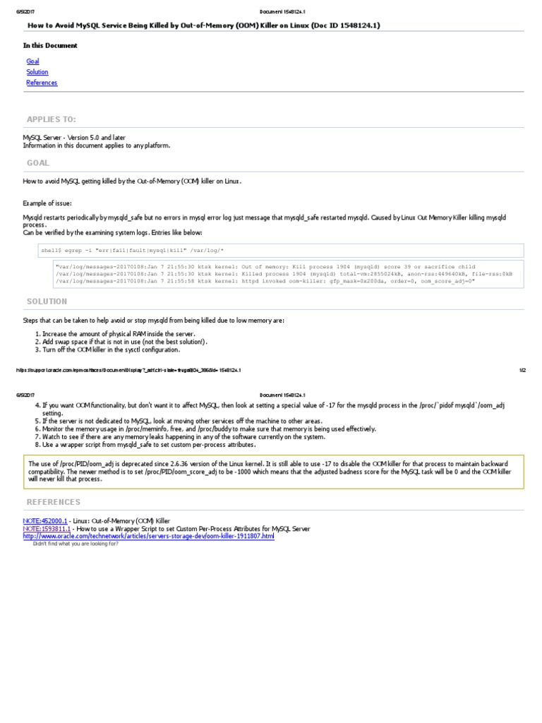 How To Avoid MySQL Service Being Killed by Out of Memory (OOM) Killer On Linux | PDF | Linux ...