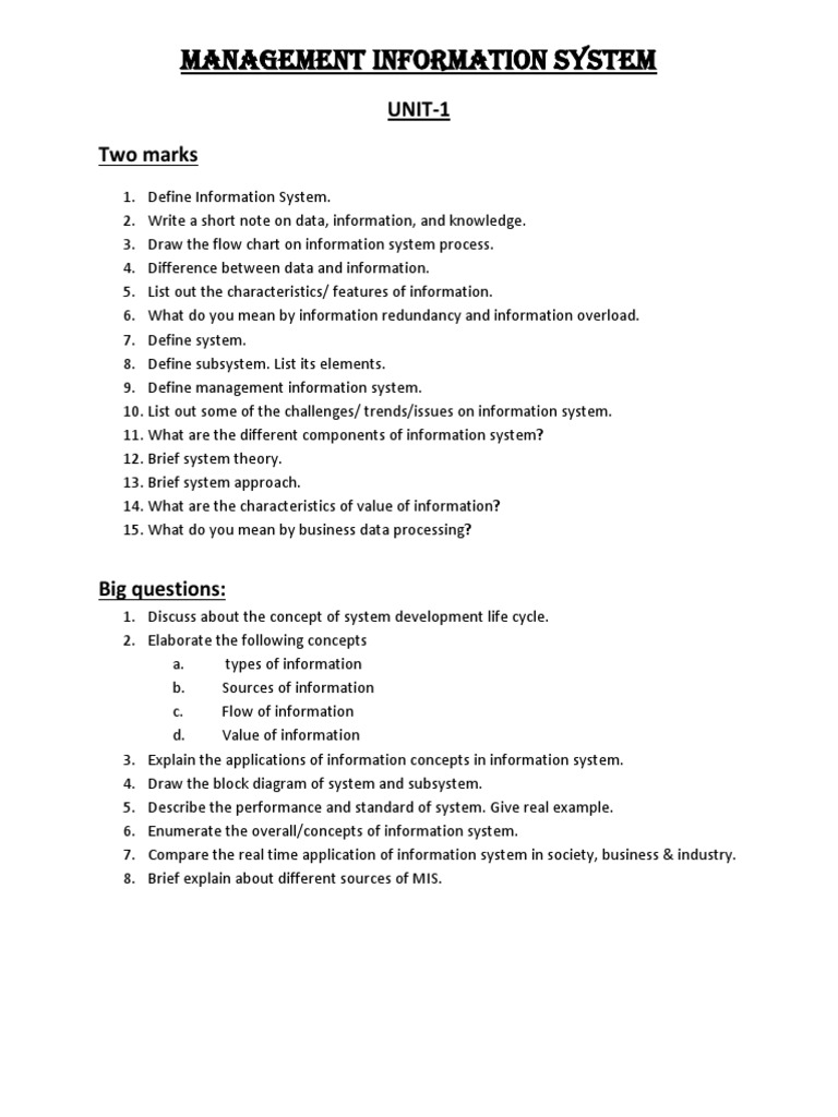 MIS Important Questions | PDF | Telecommunication | Computer Network