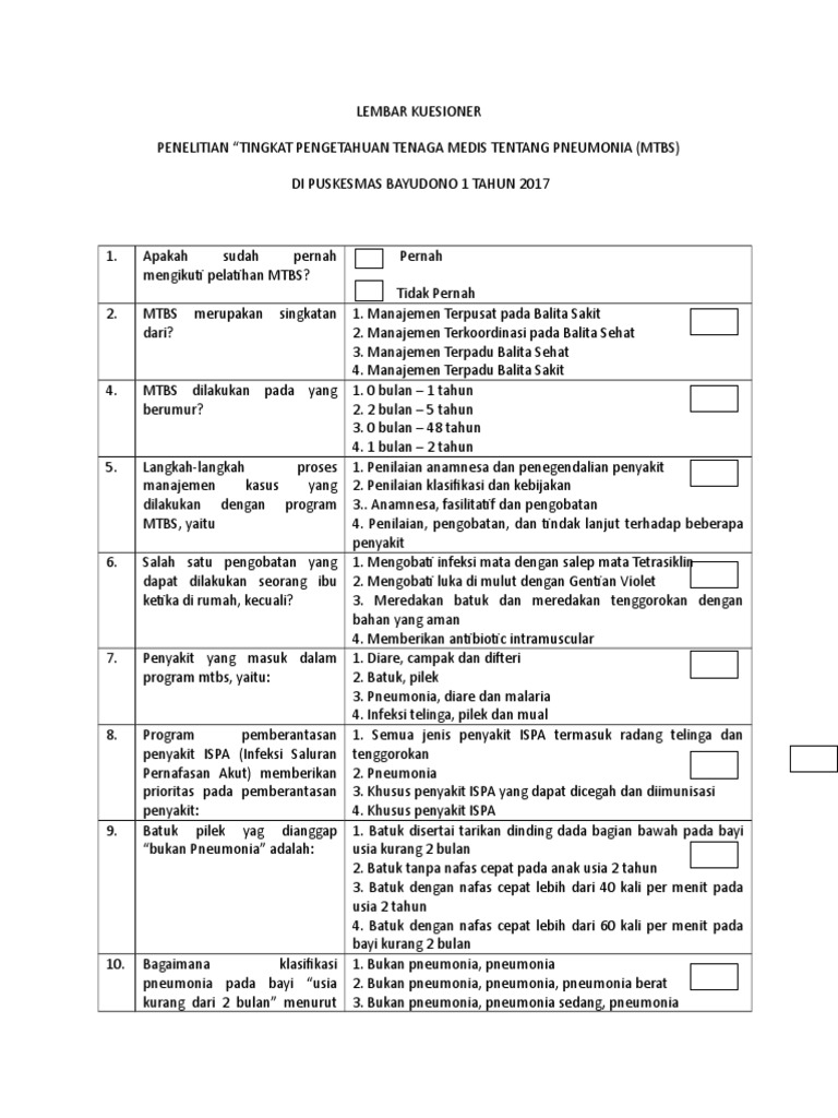 Lembar Kuesioner Mtbs Pneumonia Fixs | PDF