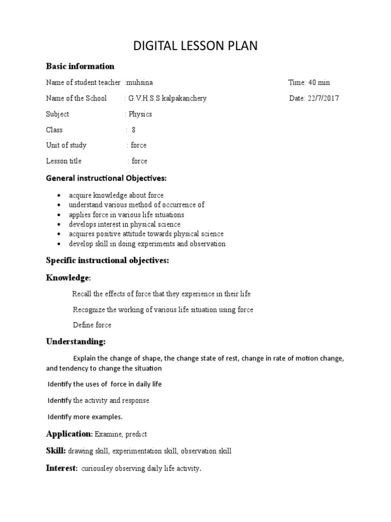 Digital Lesson Plan: Basic Information | PDF | Lesson Plan | Cognition