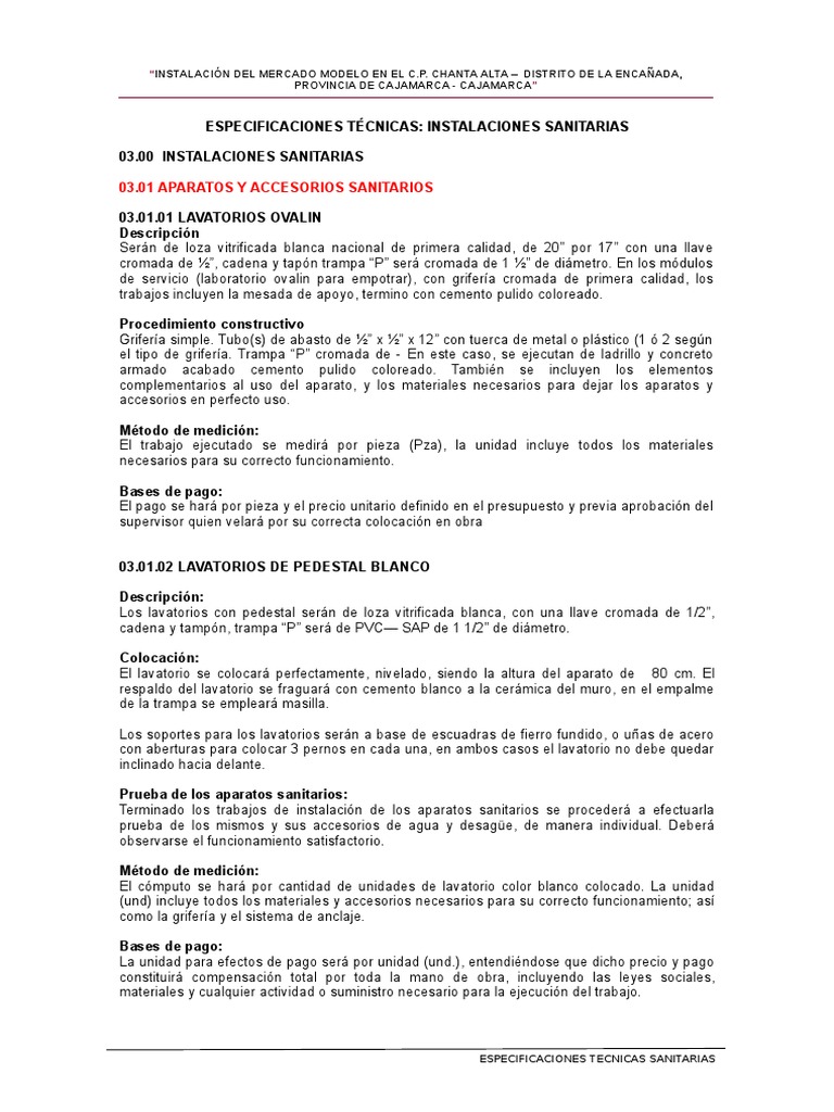 Especificaciones Tecnicas Sanitarias Mercado Chanta | PDF | Bomba | Tubería (transporte de fluidos)