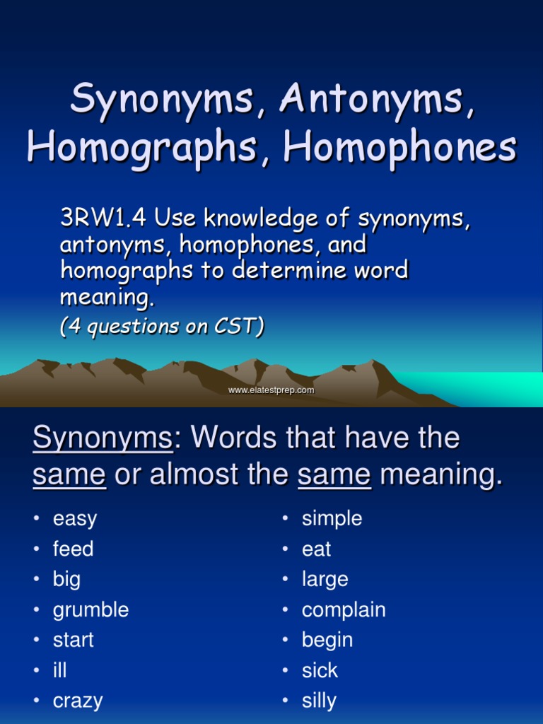 Synonyms, Antonyms, Homophones, Homographs Powerpoint | PDF | Semantic ...