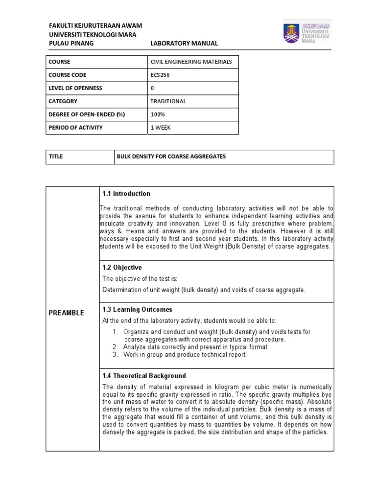 Bulk Density of Coarse Aggregate Level 0.pdf | Density | Volume