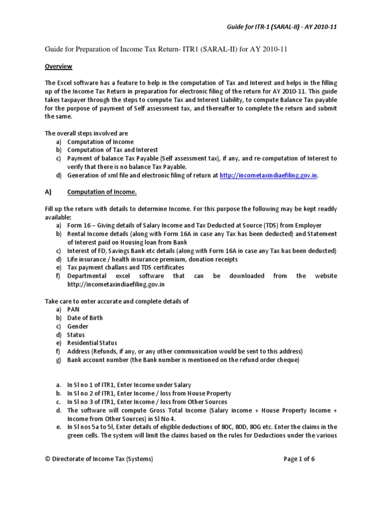 Guide For Preparation of Income Tax Return-ITR1 (SARAL-II) For AY 2010 ...
