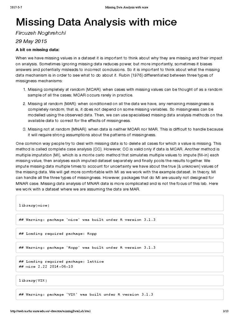Missing Data Analysis With Mice - Firouzeh Noghrehchi - 2015 | PDF ...