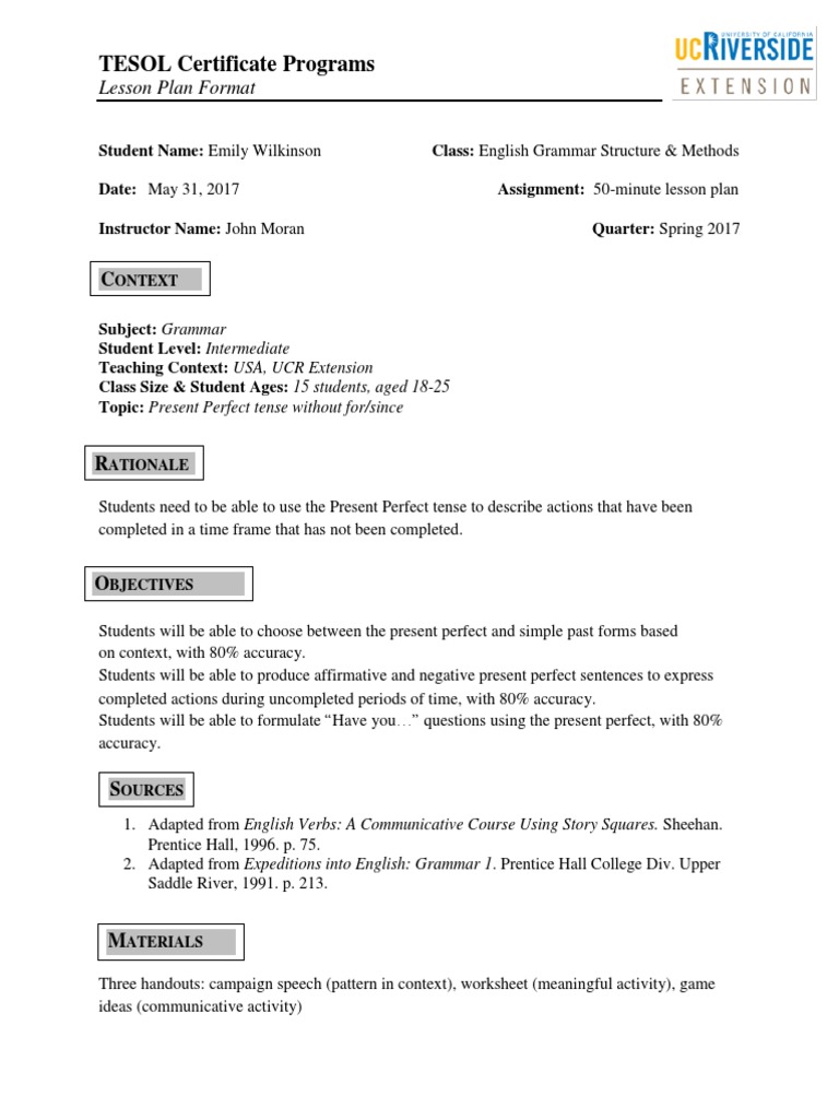 Lesson Plan - Grammar | PDF | Perfect (Grammar) | Grammatical Tense