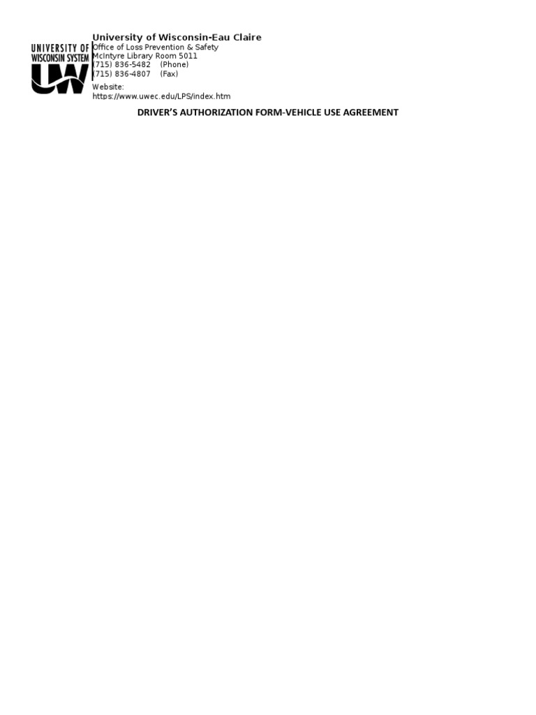Driver'S Authorization Form-Vehicle Use Agreement: University of ...