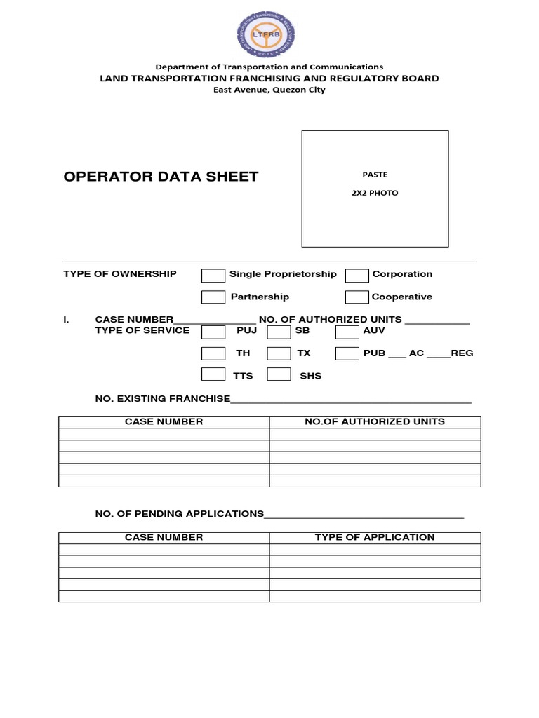 LTFRB Operator Data Sheet Template | PDF | Social Institutions | Social ...