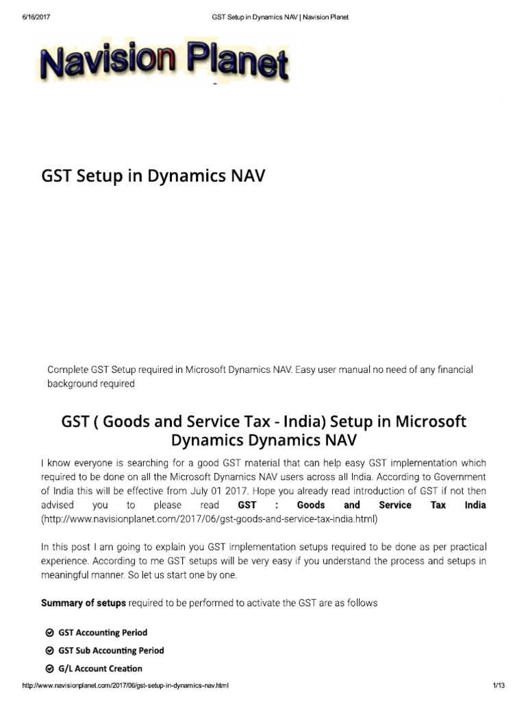 GST Setup in Dynamics NAV - Navision Planet | PDF