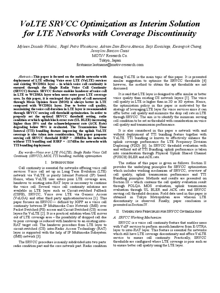 VoLTE SRVCC Optimization As Interim Solution For LTE Networks With ...