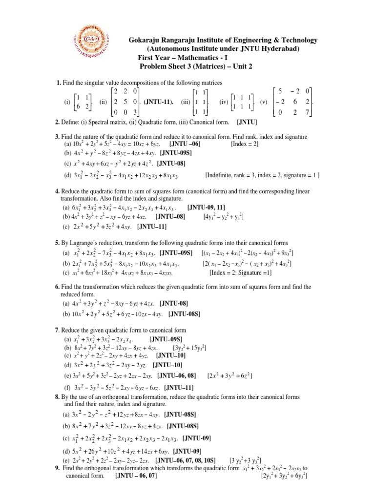 M1 P3 Unit 22011 | PDF | Matrix (Mathematics) | Matrix Theory