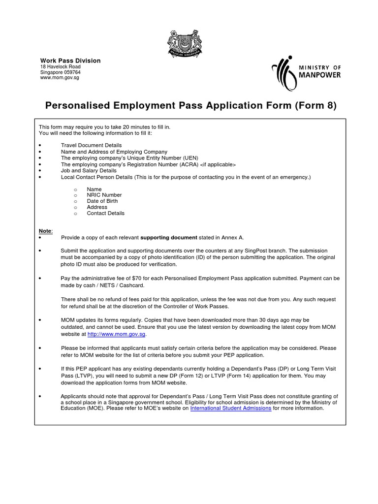 Personalised Employment Pass Application Form (Form 8) | PDF ...