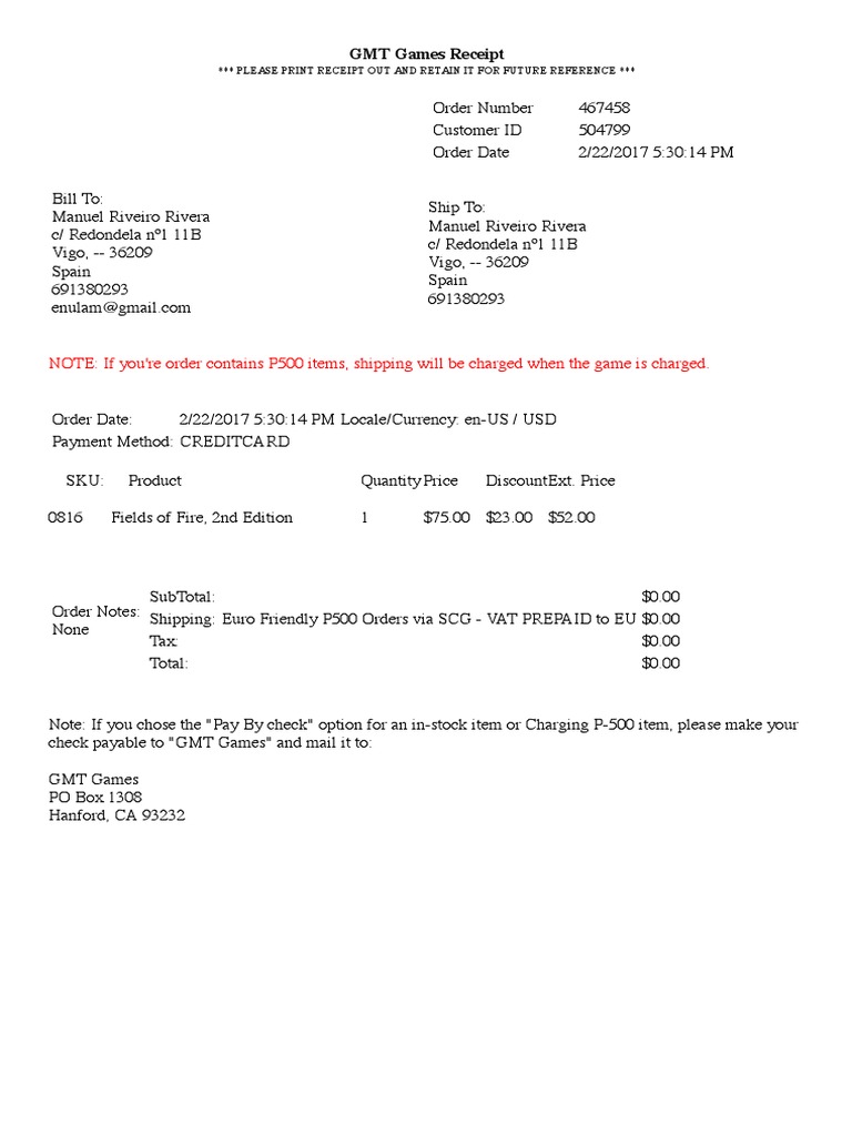 GMT Games Receipt: Please Print Receipt Out and Retain It For Future ...