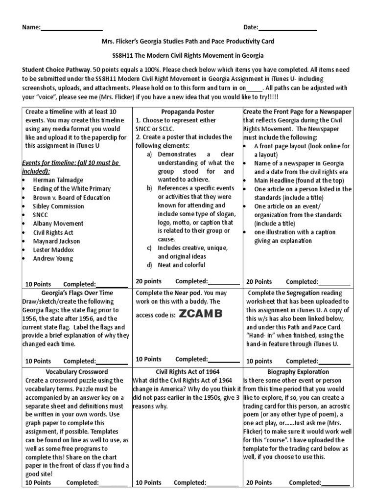 ss8h11 Modern Civil Rights Movement in Georgia Path and Pace Card | PDF