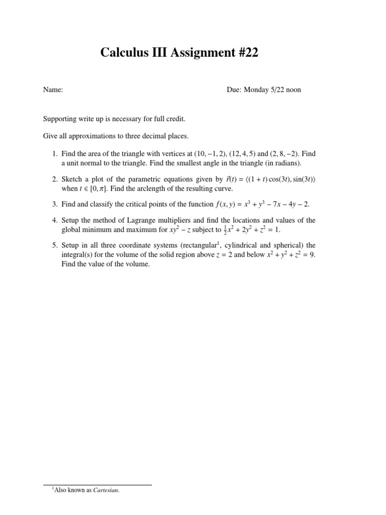 Calculus III Assignment #22: Also Known As Cartesian | PDF | Teaching ...