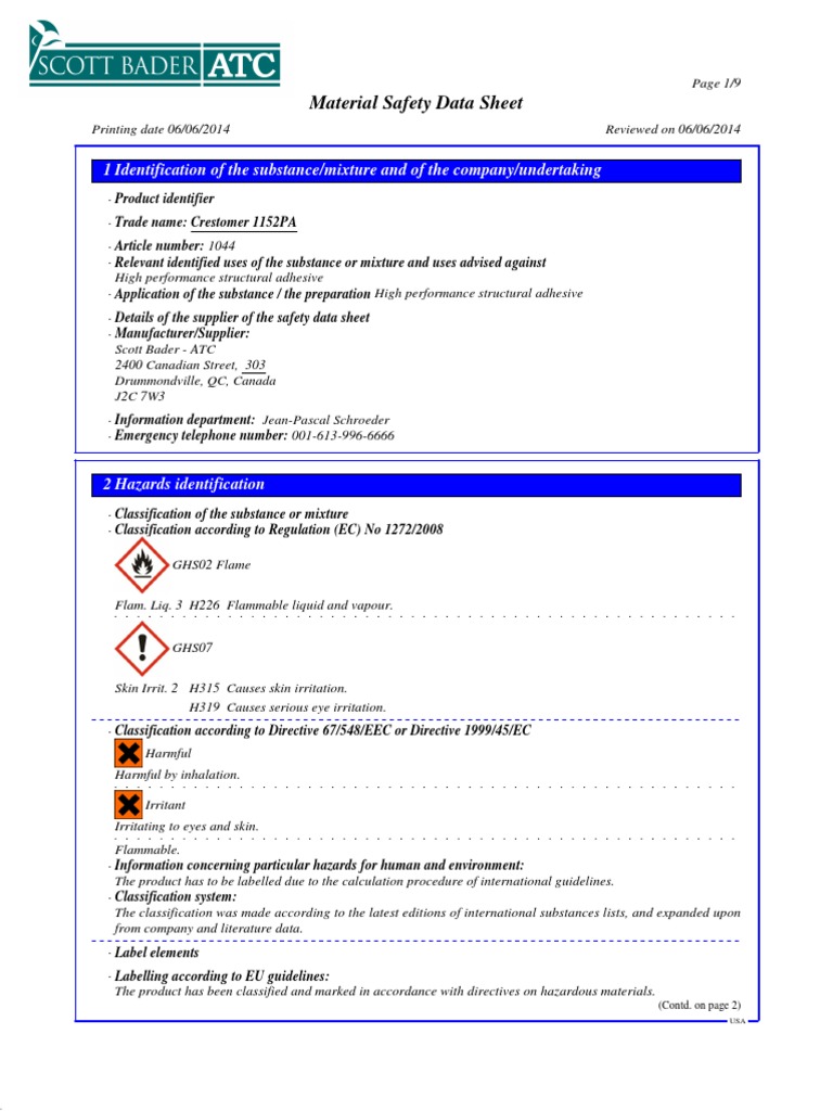 Crestomer 1152PA Safety Data Sheet | PDF | Dangerous Goods ...