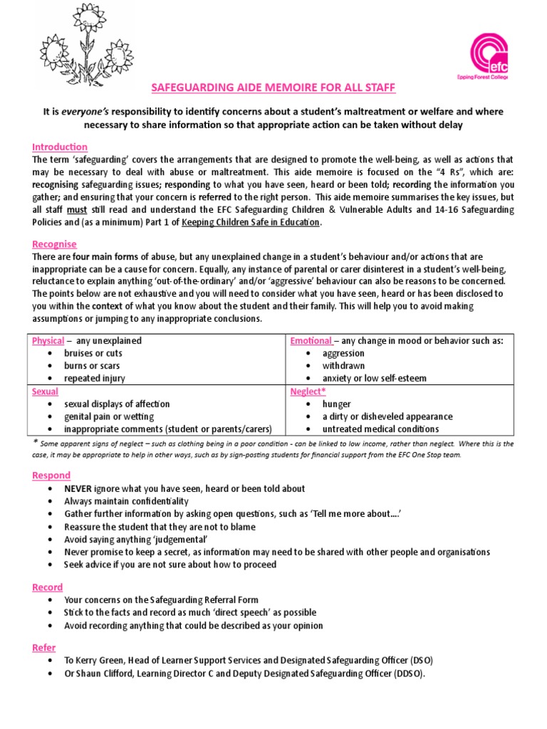 Safeguarding Aide Memoire For All Staff | PDF | Child Abuse | Human ...