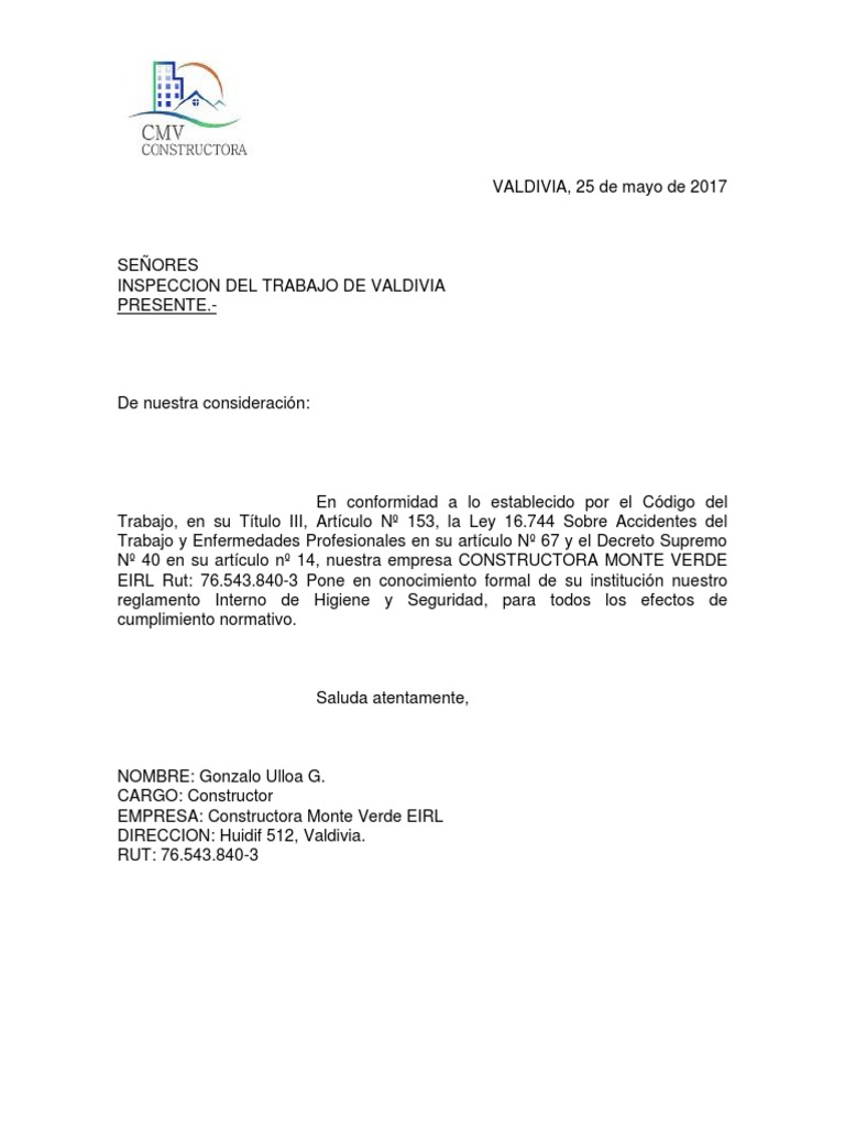 Carta Inspeccion Del Trabajo Riohs | PDF