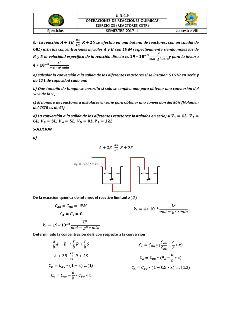 Ejercio 9 RX 1TORRES CARDENAS RAUL CSTR | PDF | Reacciones químicas | Procesos unitarios