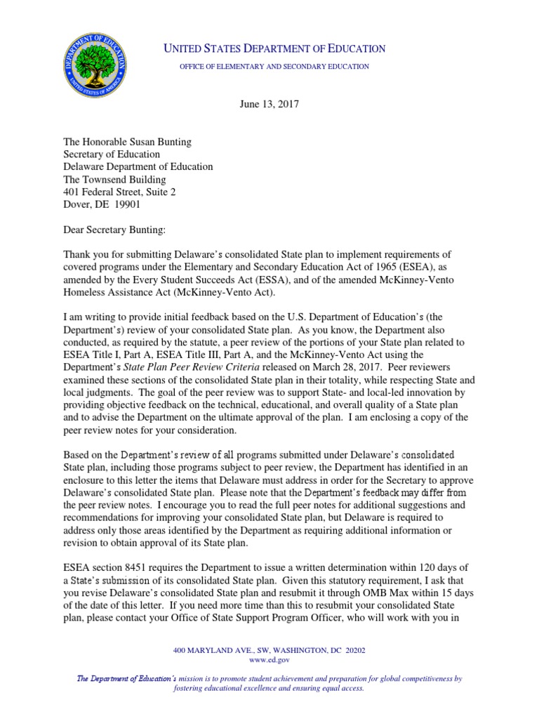 Delaware ESSA Letter | PDF | Elementary And Secondary Education Act ...