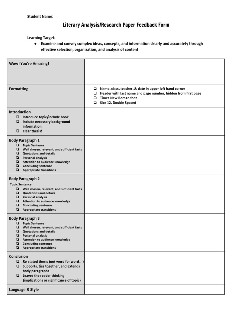 Literary Analysis Feedback Form Guide | PDF | Thesis | Attention