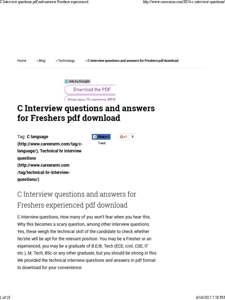C Interview Questions Pdf And Answers Freshers Experienced Pdf Pointer Computer Programming