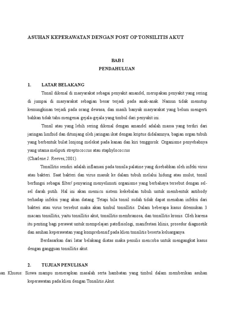 Asuhan Keperawatan Dengan Post Op Tonsilitis Akut 1234567890 | PDF