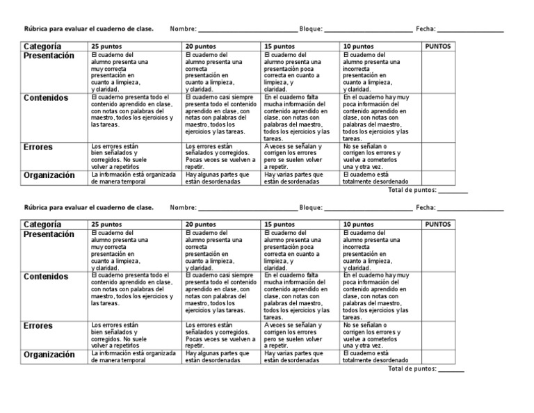 Rúbrica para Evaluar Cuaderno de Clase | PDF | Cognición | Sicología