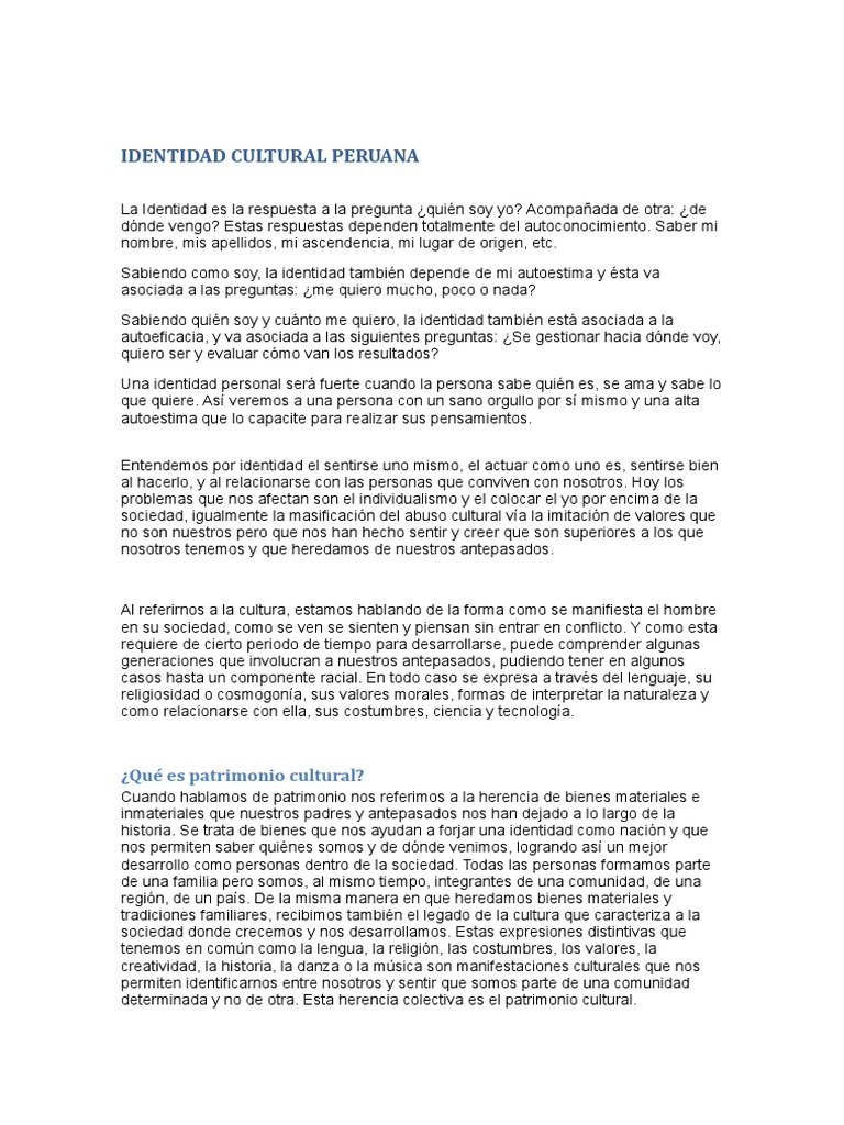 Identidad Cultural Peruana | PDF | Diversidad cultural | Autoestima