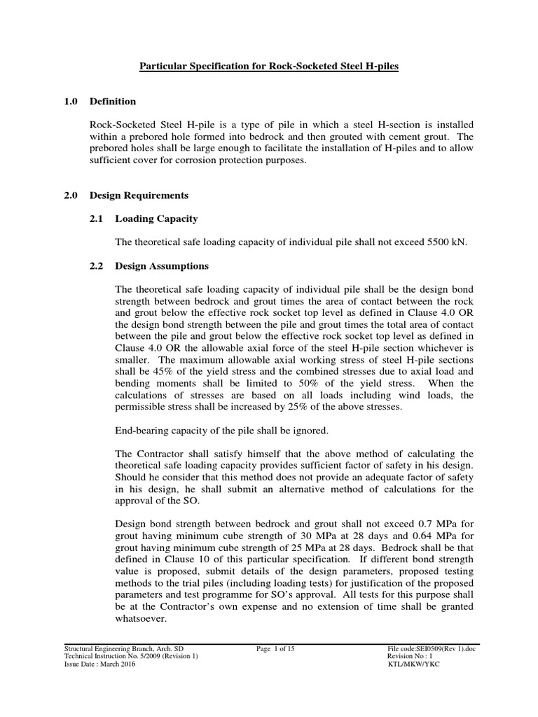 Particular Specification For Rock-Socketed Steel H-Piwefwles | PDF ...