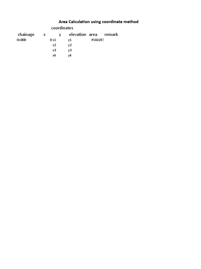 Chainage Coordinates X y Elevation Area Remark: Area Calculation Using ...