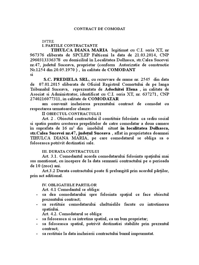 Model Contract de Comodat | PDF