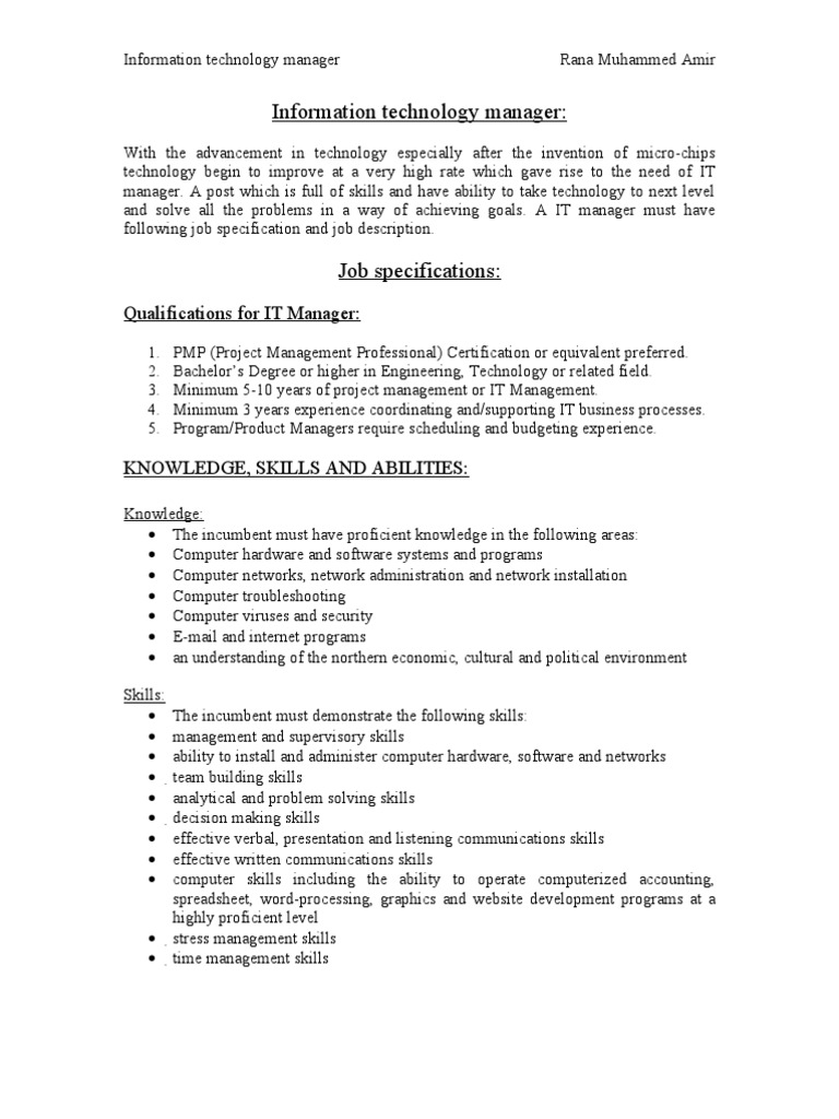 Information Technology Manager Job Description and Specification | PDF ...