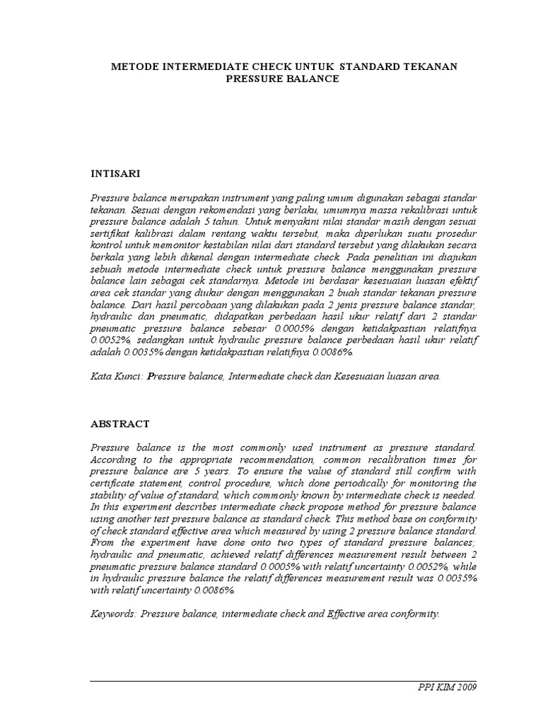 Intermediate Check Untuk Standar Tekanan Pressure Balance | PDF