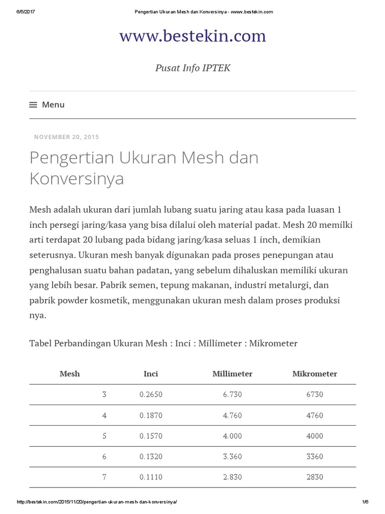 Pengertian Ukuran Mesh Dan Konversinya - WWW - Bestekin | PDF