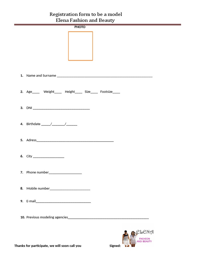 Model Registration Form Elena Fashion | PDF