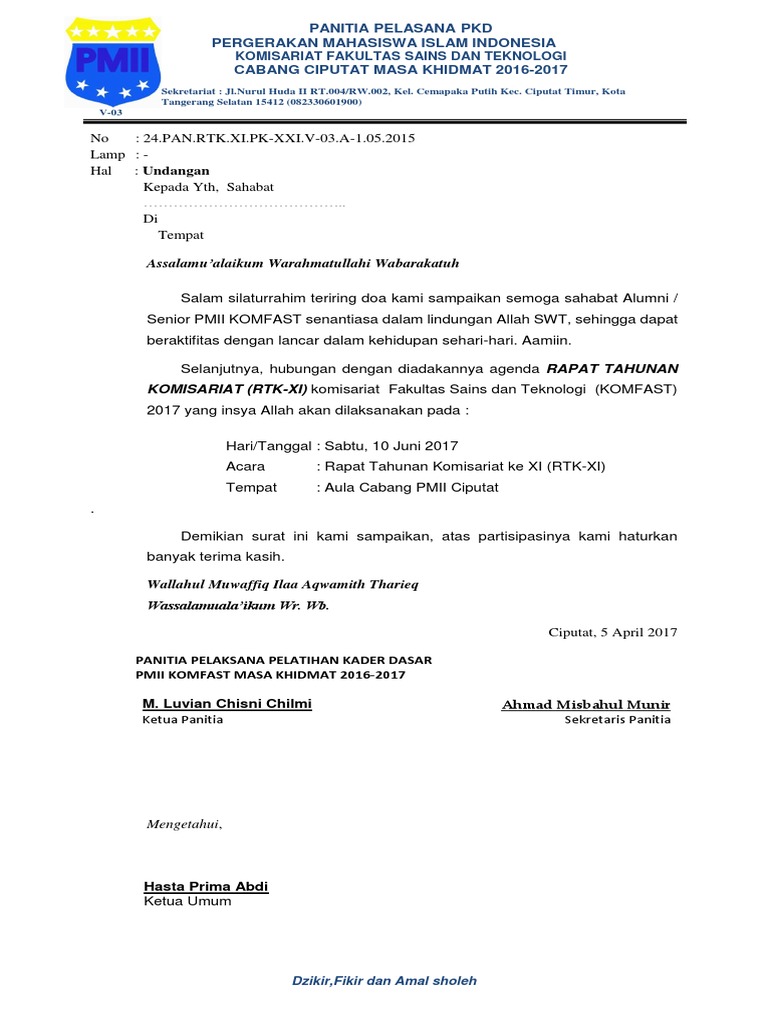 Undangan RTK Pmii Komfast 2016 | PDF