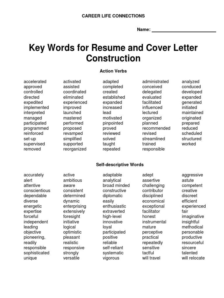 Key Words For Resume and Cover Letter Construction CLC 11 | PDF ...