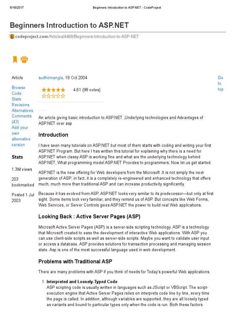 Beginners Introduction To ASP | PDF | Active Server Pages | Web Application