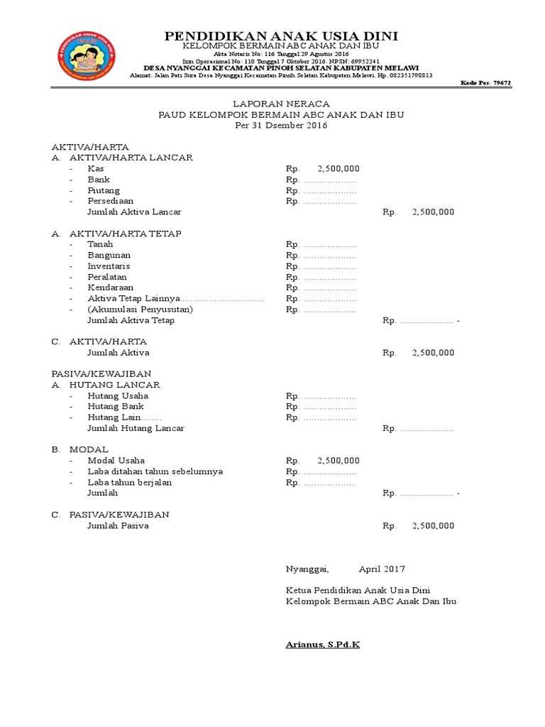 Neraca Pajak Paud ABC Nyanggai | PDF