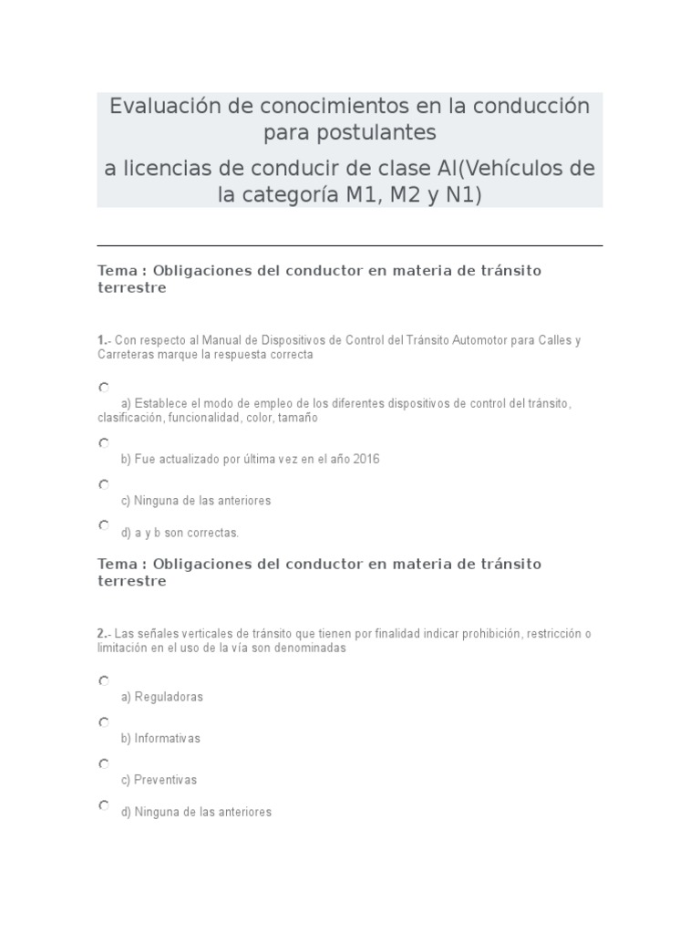 Examen Teórico para Licencia de Conducir | PDF | Licencia de conducir ...
