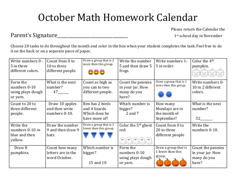 October Math Homework Calendar | PDF