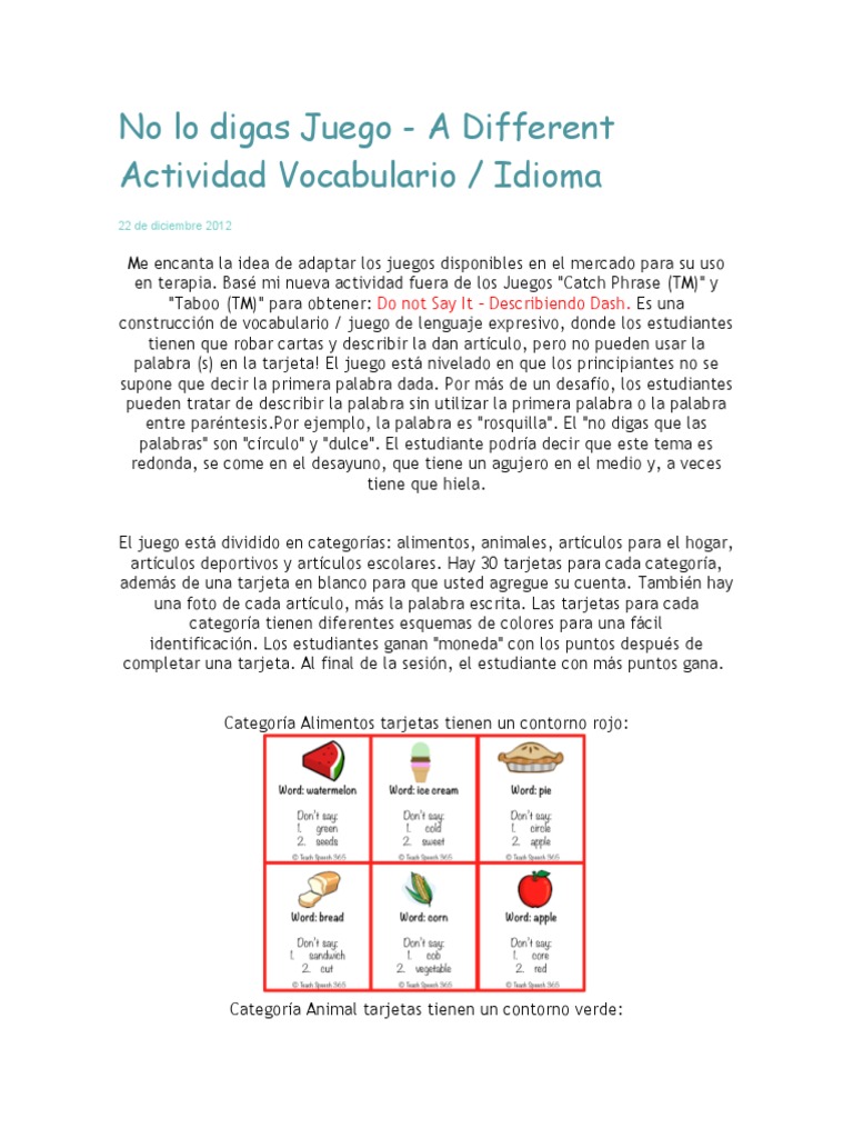 Juego "No lo Digas" para Niños | PDF | Palabra | Ocio