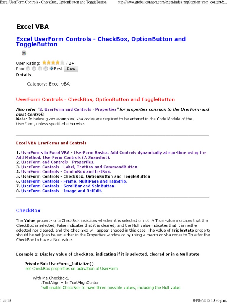 Excel Userform Controls Checkbox Optionbutton And Togglebutton Pdf Visual Basic For