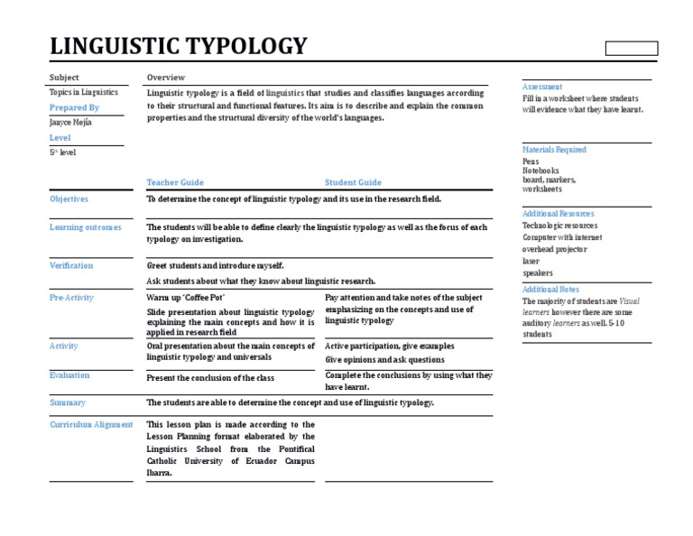 Linguistic Typology Plan | PDF | Linguistics | Lesson Plan