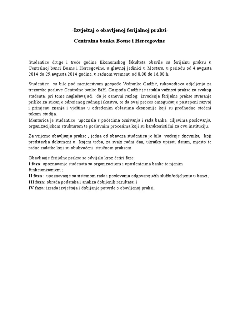Izvjestaj o Obavljenoj Ferijalnoj Praksi | PDF