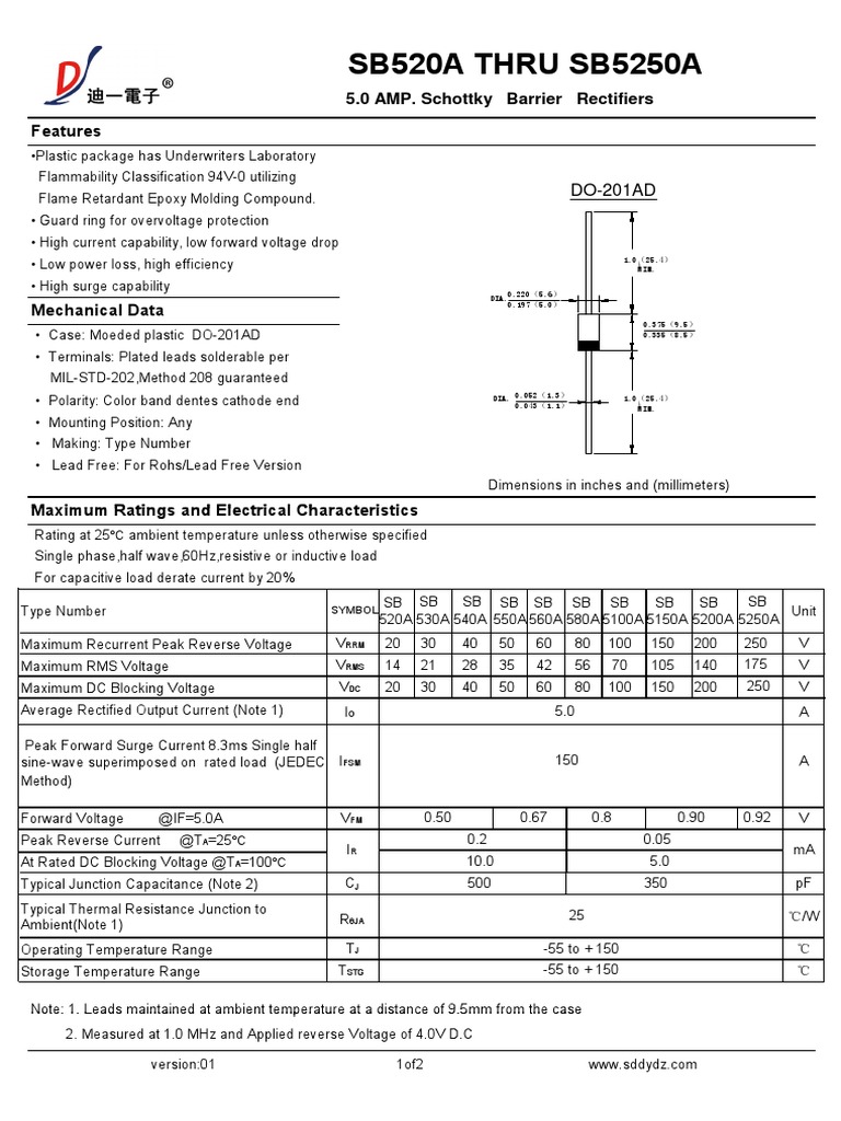 Diode Sb5250a | PDF | Rectifier | Capacitor