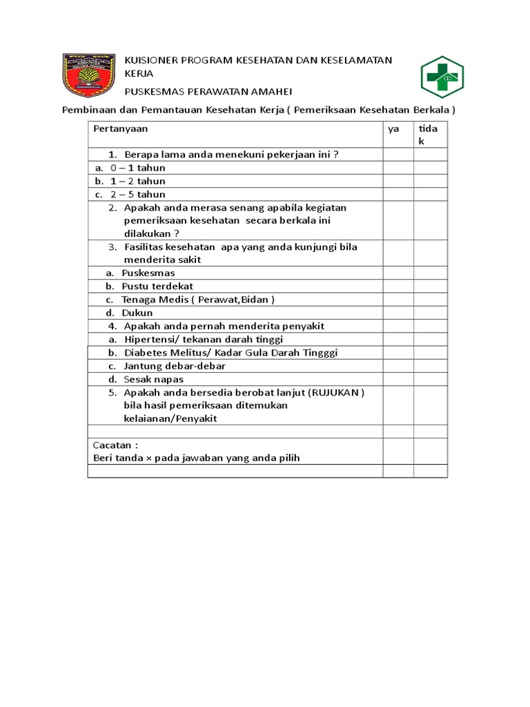 Kuisioner Program Kesehatan Dan Keselamatan Kerja | PDF
