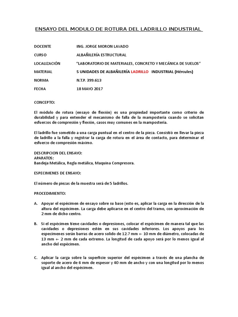 Ensayo Del Modulo de Rotura Del Ladrillo de Industrial - Ok | PDF ...