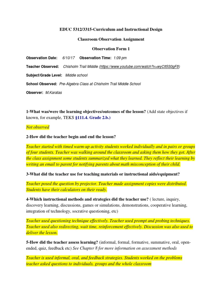 classroom observation assignment-form 1 m karatas | Classroom ...